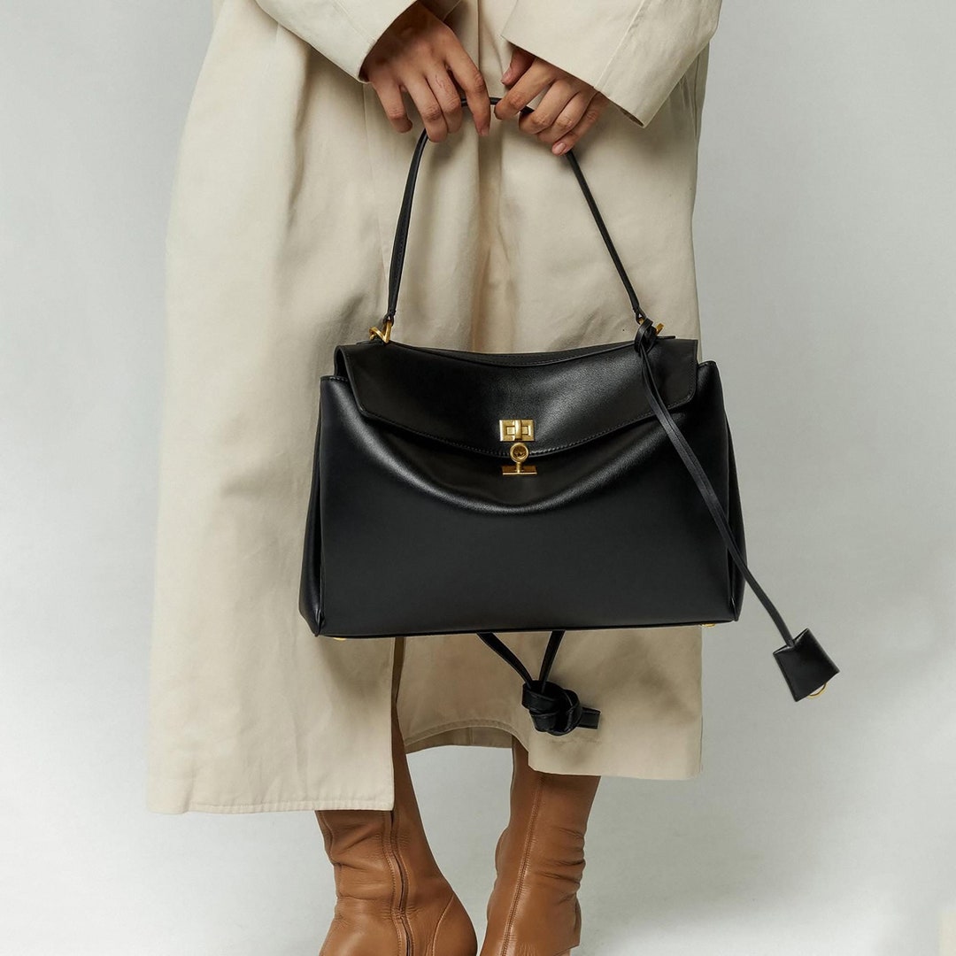 Black Top Handle Bag, Cow Split Leather Tote Bags, Trendy Leather ...