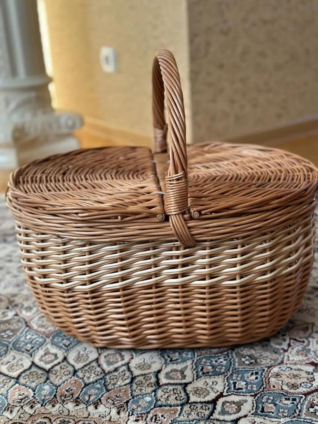 Large Picnic Basket With Lid, Vintage Wicker Outdoor Basket for Camping ...