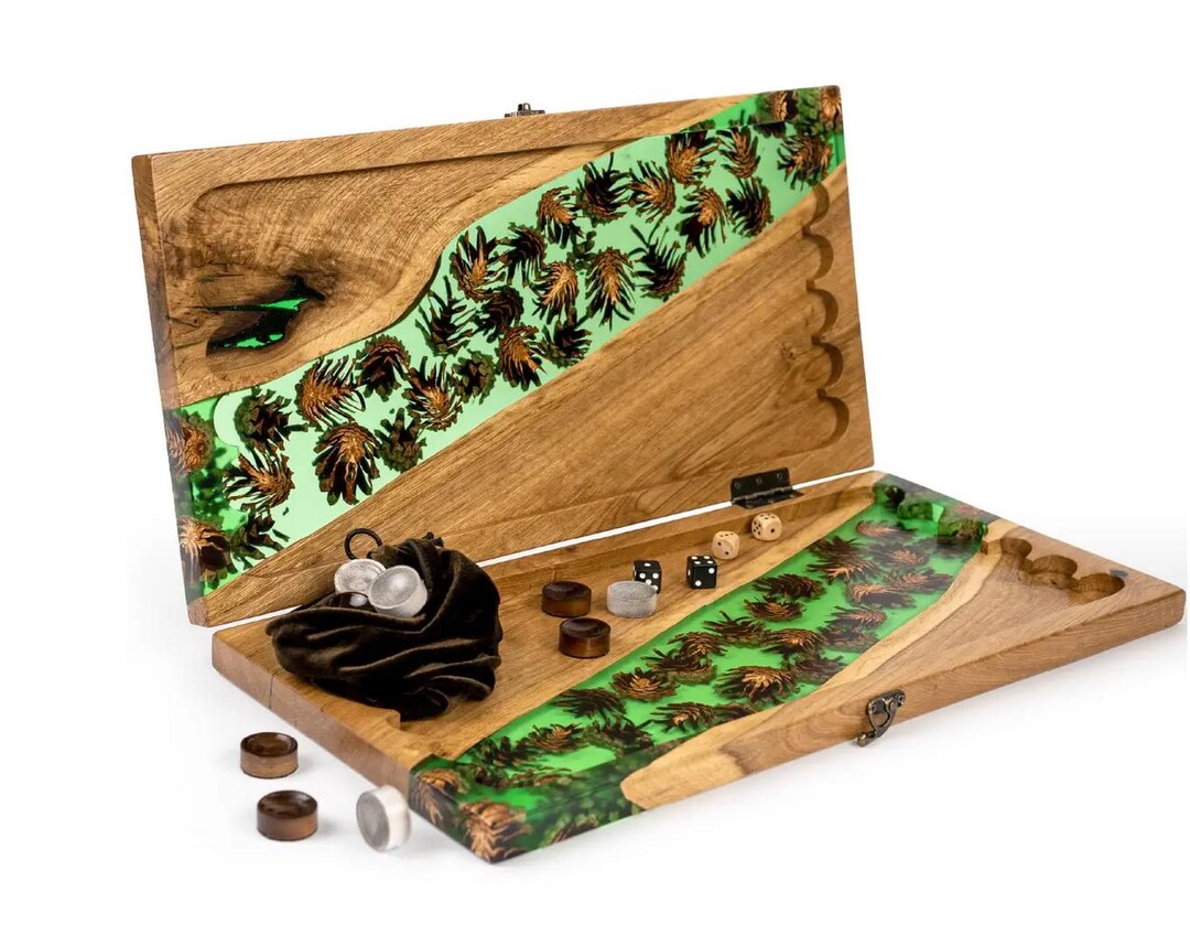 Unique Epoxy Resin Backgammon Set With Pinecone Decor Handcrafted Oak ...