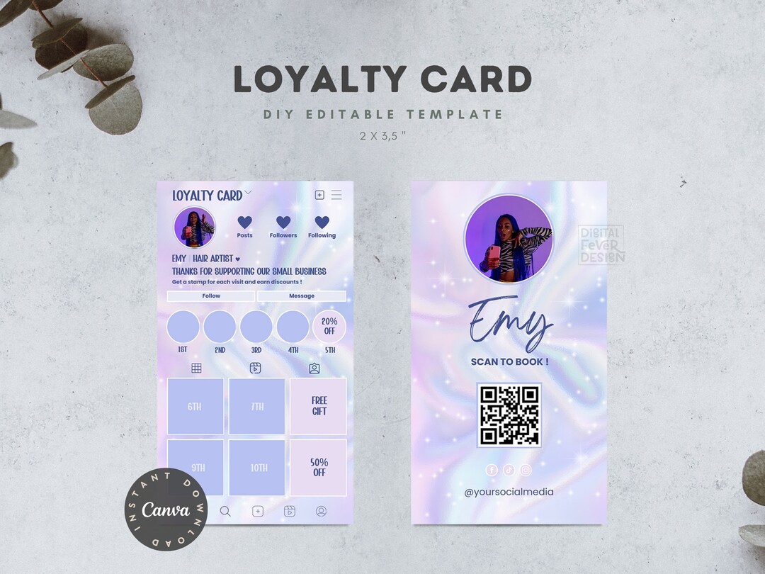 Holographic Instagram Loyalty Card Hair Template for Canva, Et Cards ...
