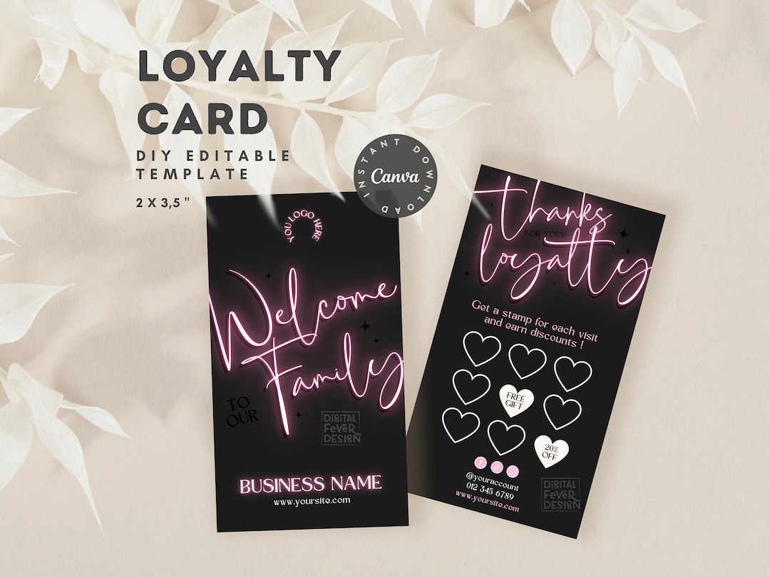 Pink Neon Loyalty Card Hair Template for Canva, Et Cards, Loyalty ...