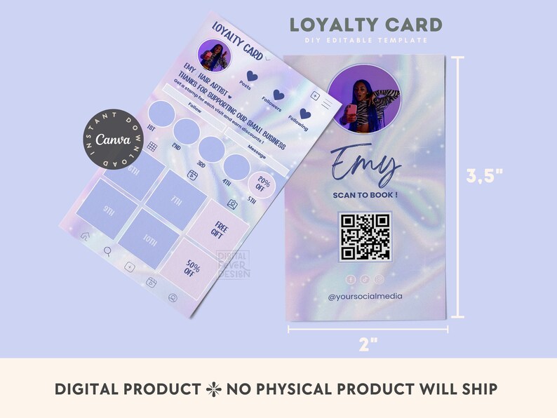 Holographic Instagram Loyalty Card Hair Template for Canva, Et Cards ...