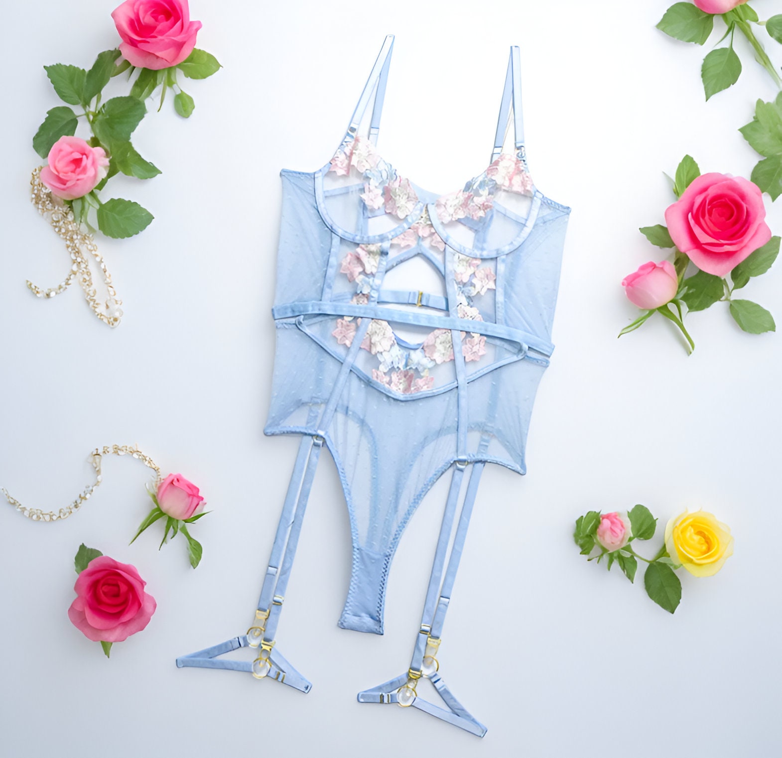 Light Blue Lace Lingerie One Piece Underwear Luxury Embroidery Cute ...