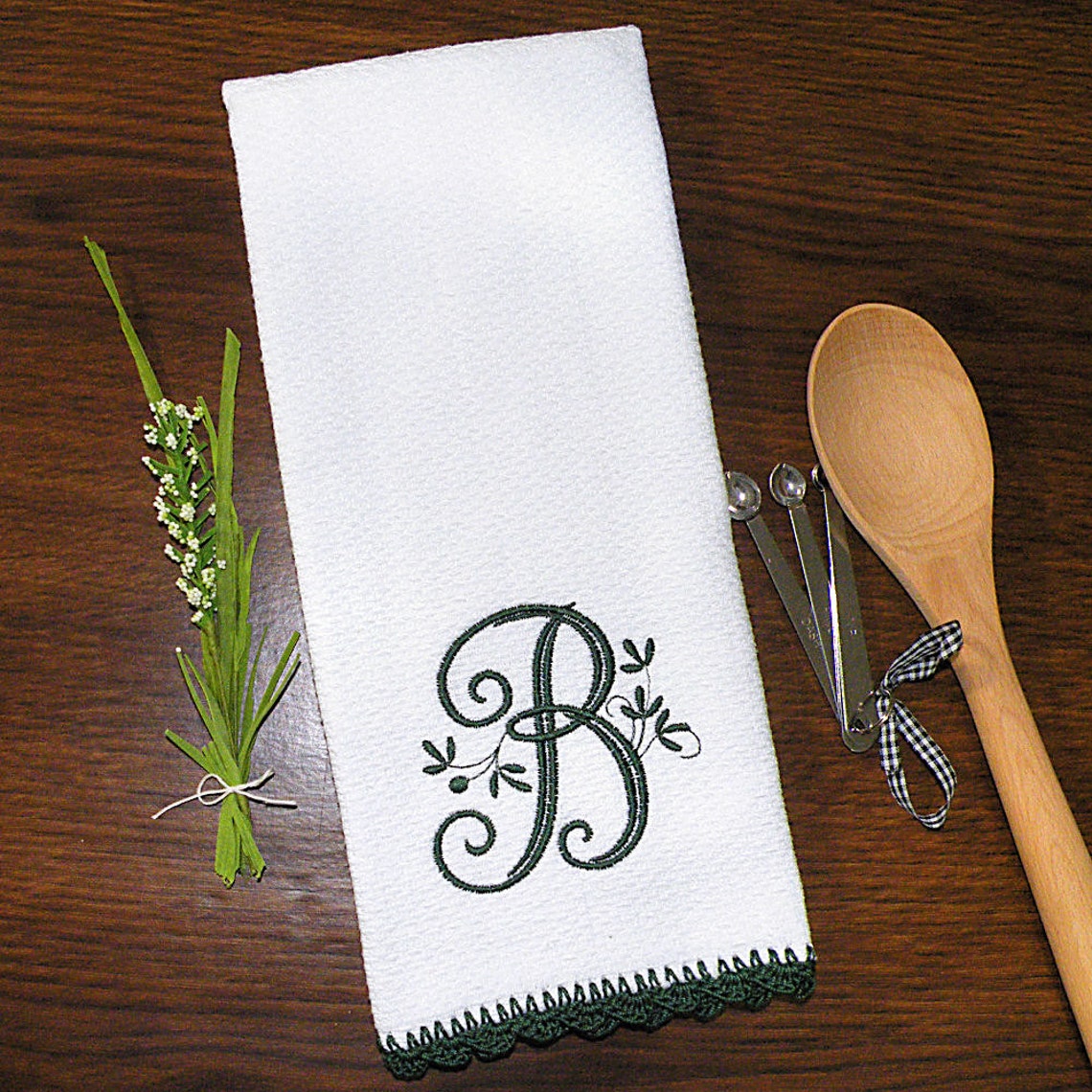 Monogrammed Kitchen Towel, Monogrammed Dish Towel Holly Green Crocheted ...