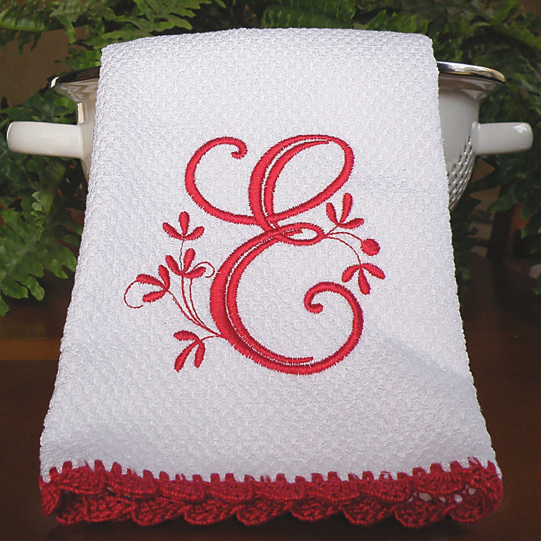Monogrammed Kitchen Towel, Monogrammed Dish Towel, Red Crocheted Edge ...
