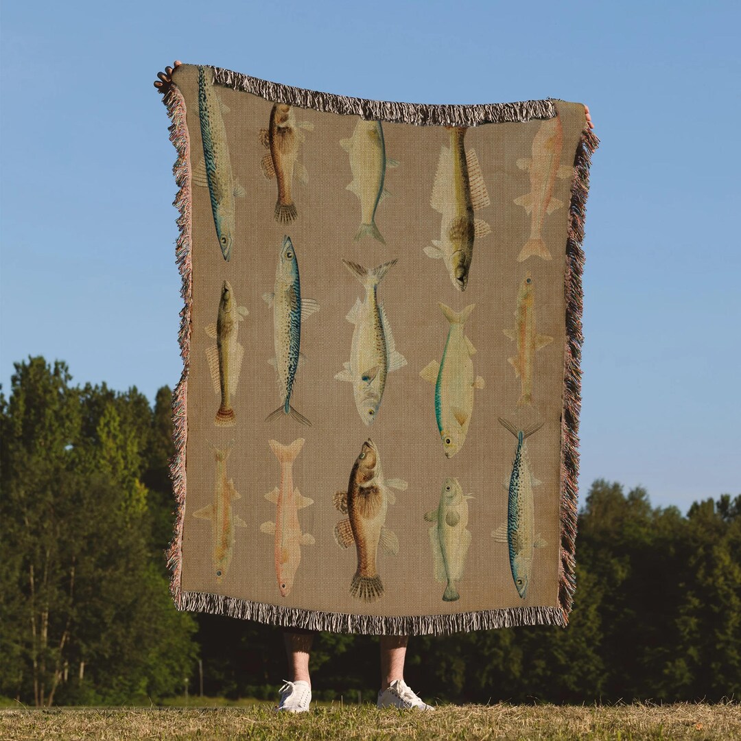 Fishing Woven Throw Blanket, Rustic Cabin Lake House Decor, Fly Fishing ...