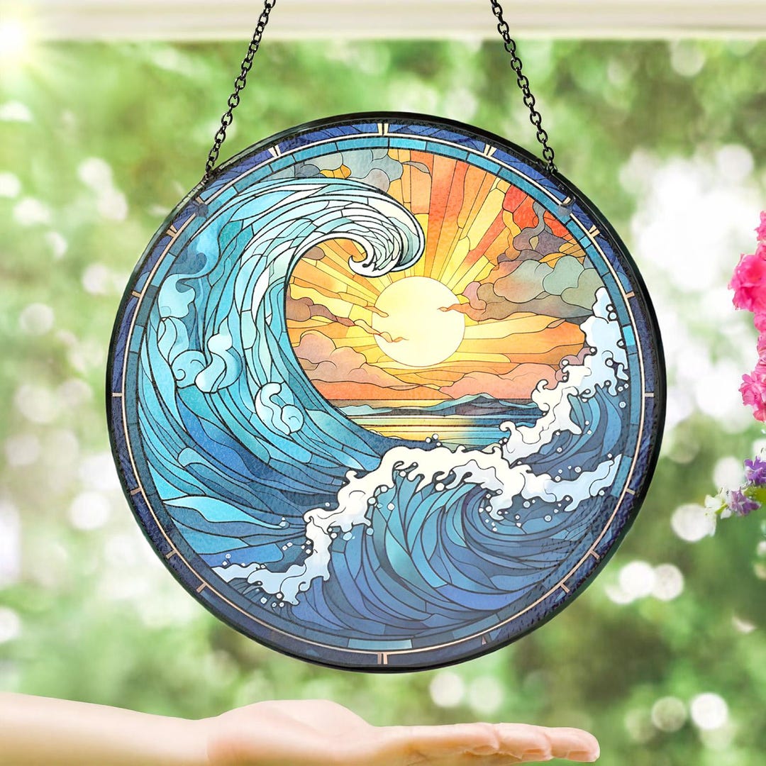Sea Wave Stained Glass Suncatcher, Ocean Suncatcher Window Hanging ...