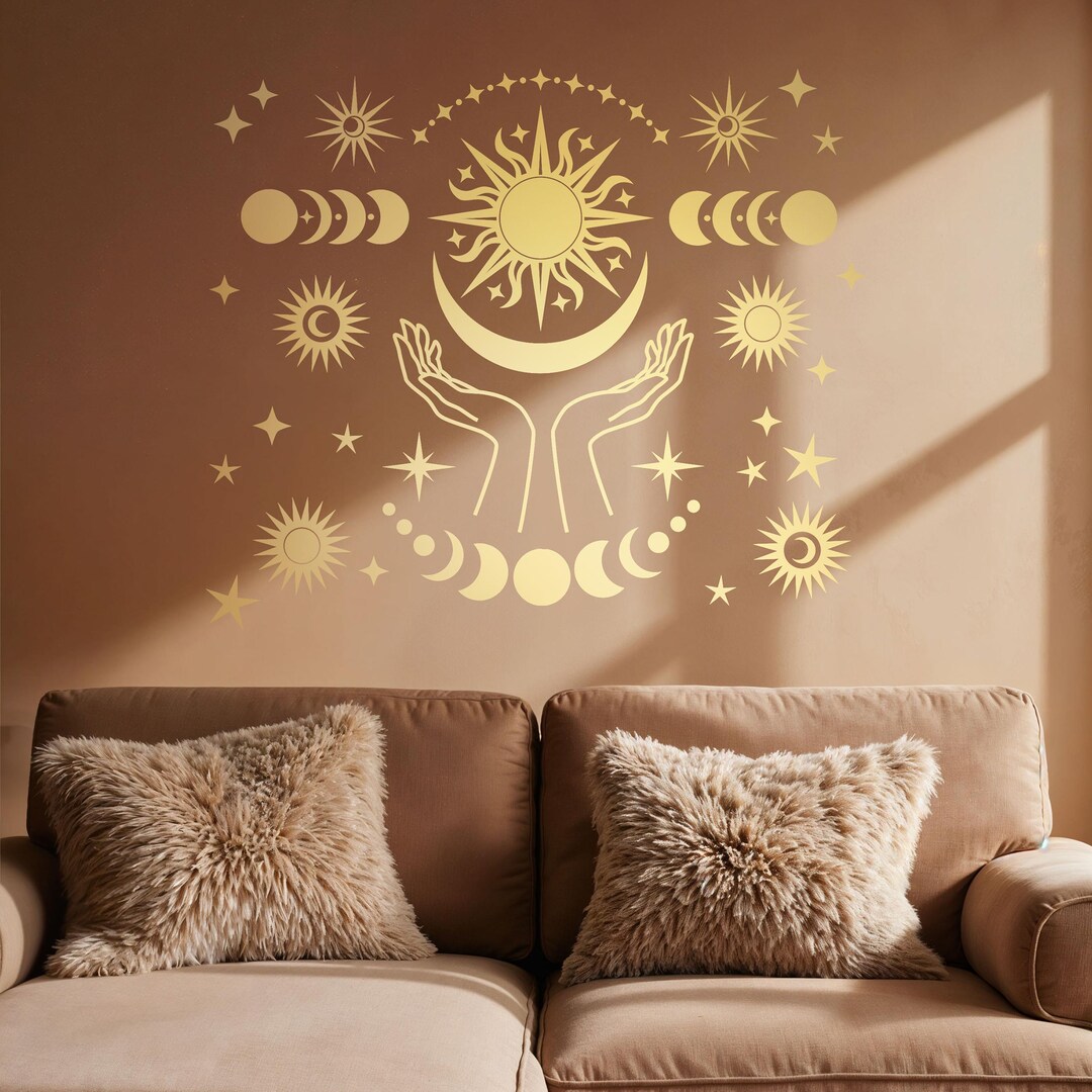 Celestial Wall Decal With Moon, Sun, and Stars – Boho Cosmic Wall Art ...