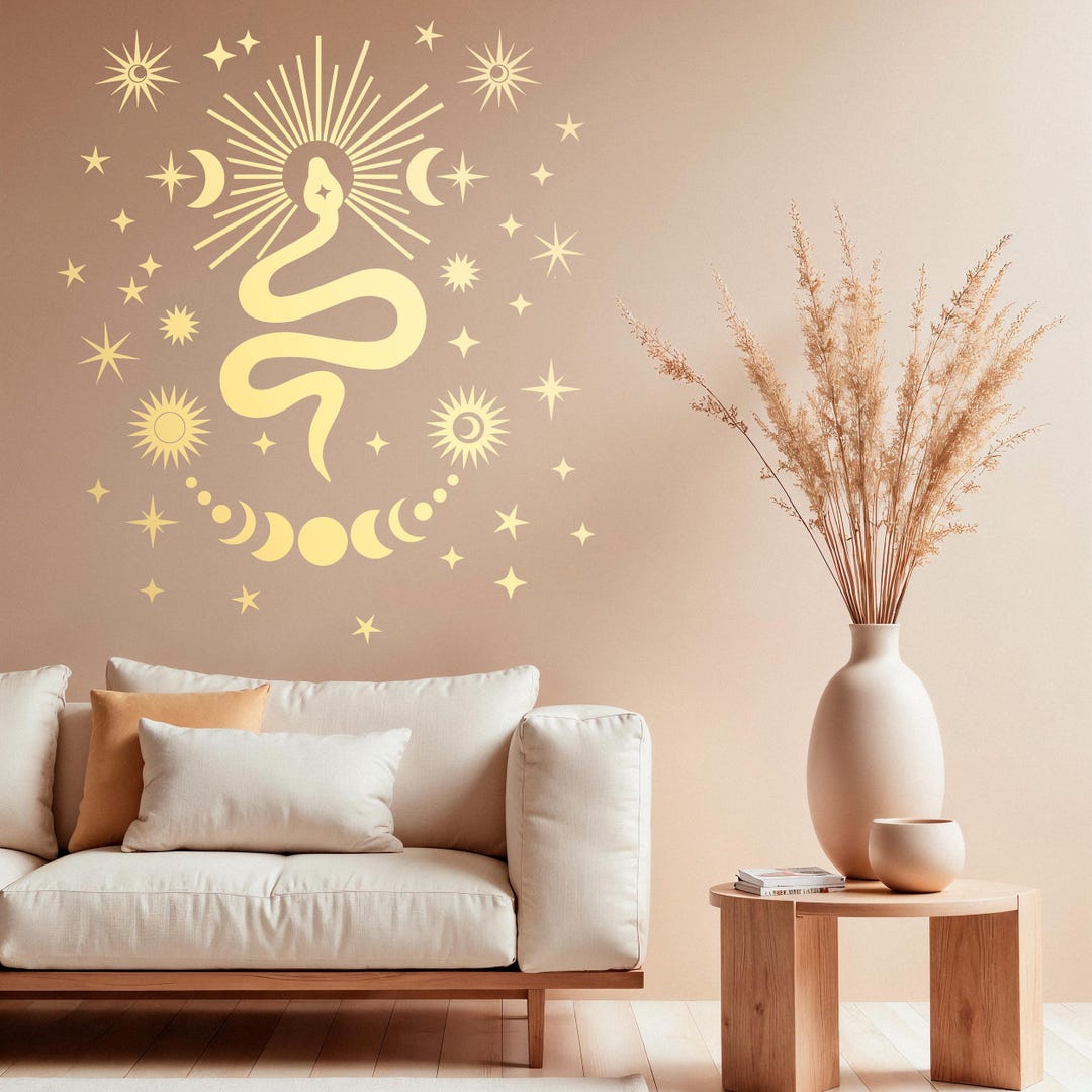 Gold Serpent Wall Decal, Celestial Moon Phases & Stars, Arcane Witchy ...