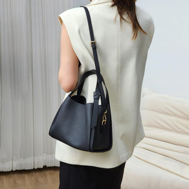 Small Top Handle Bag, Genuine Leather Tote Bag, Minimal Design Shoulder ...