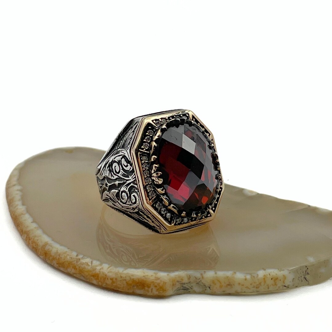 Dark Ruby Men's Large Ring: Antique Style Handmade Silver Jewelry - Etsy