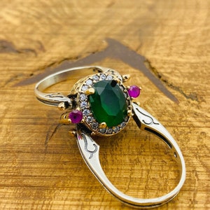 Red Ruby and Green Emerald Oval Stone Silver Ring, Handmade Extraordinary Ring, Two in One ...