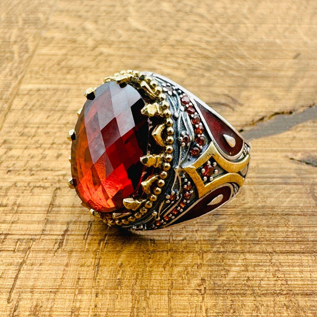 Men Red Ruby Ring, Authentic Ottoman Design, 925 Sterling Silver ...