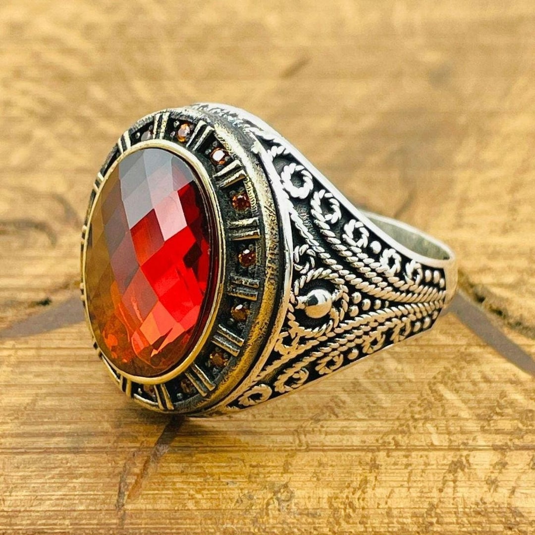 Men Ruby Stone Ring, 925 Sterling Silver, Turkish Handmade Red Stone ...