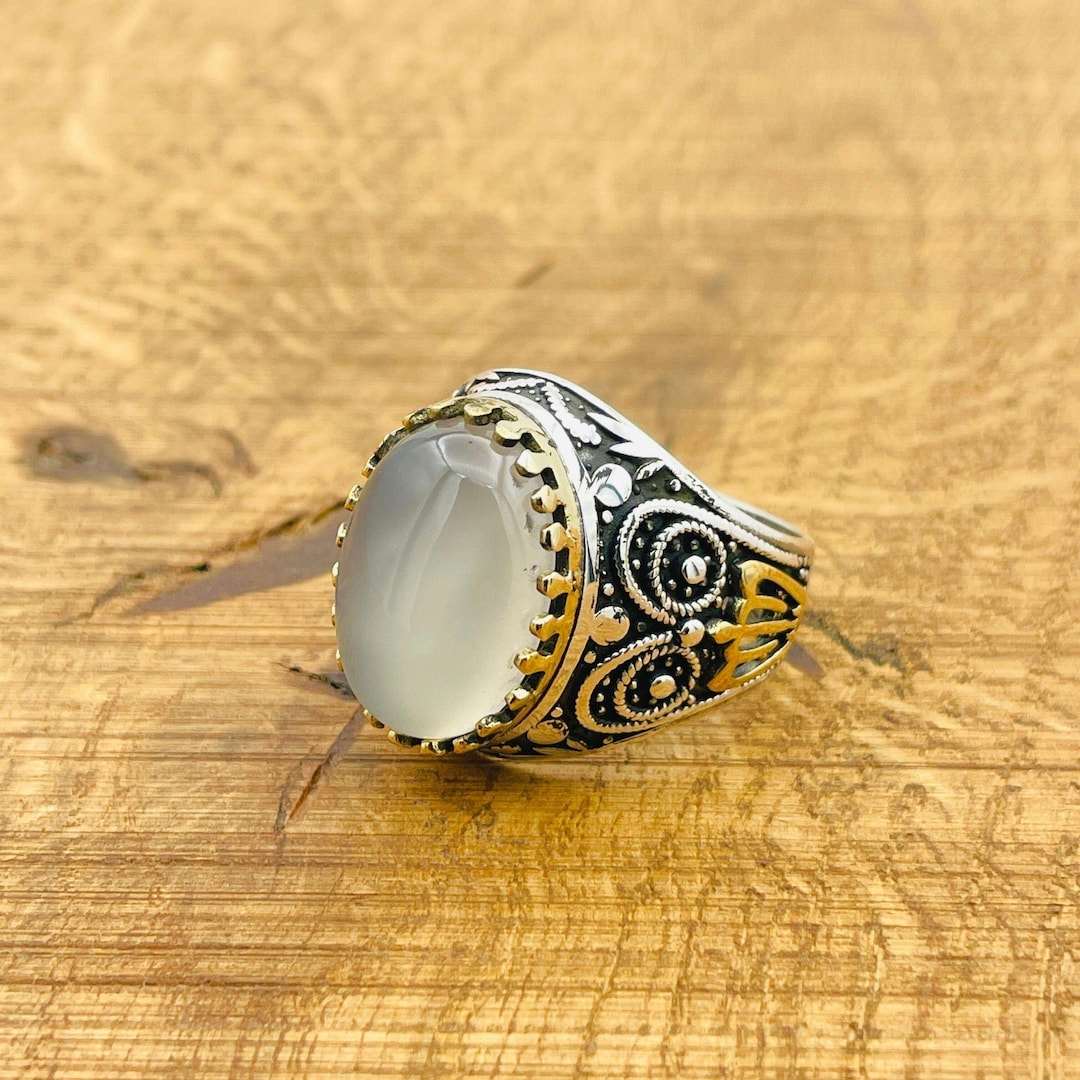 Men Natural White Aqeeq Ring, 925 Sterling Silver, Turkish Handmade ...