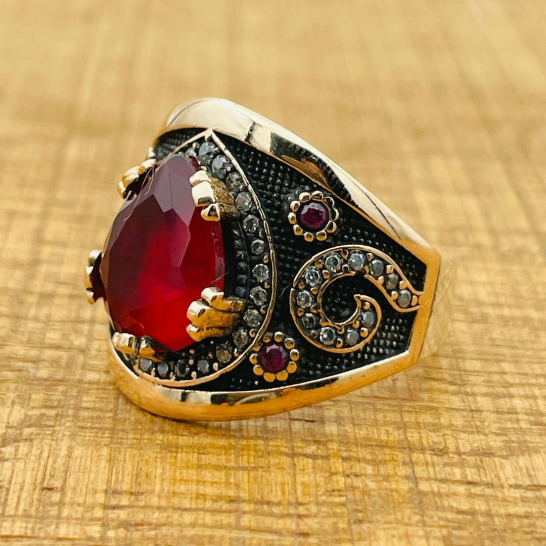 Women Ruby Red Stone Ring, 925 Sterling Silver, Authentic Hurrem Ring ...