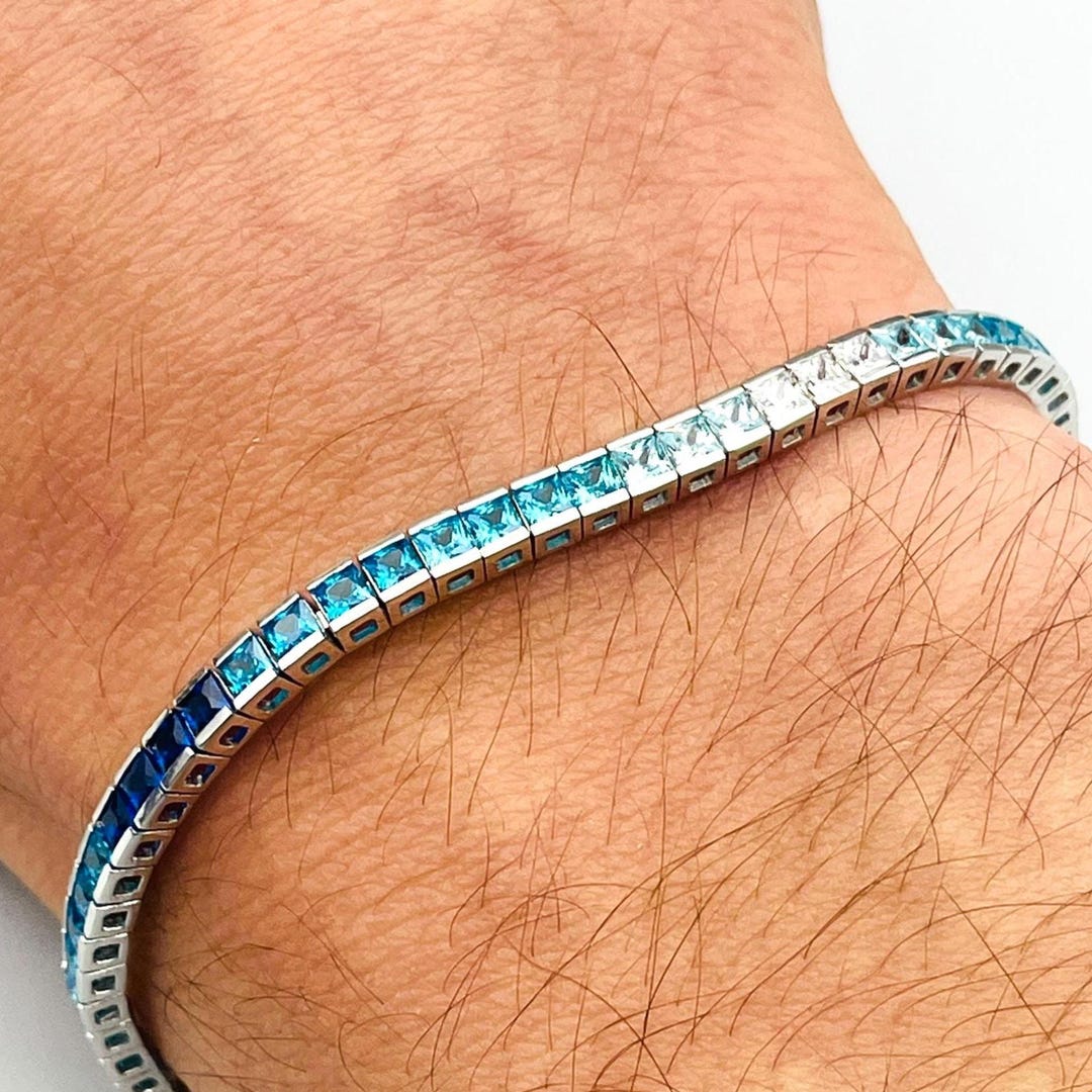 Blue Stones 925 Sterling Silver Men's Bracelet - Tennis Silver Chain ...