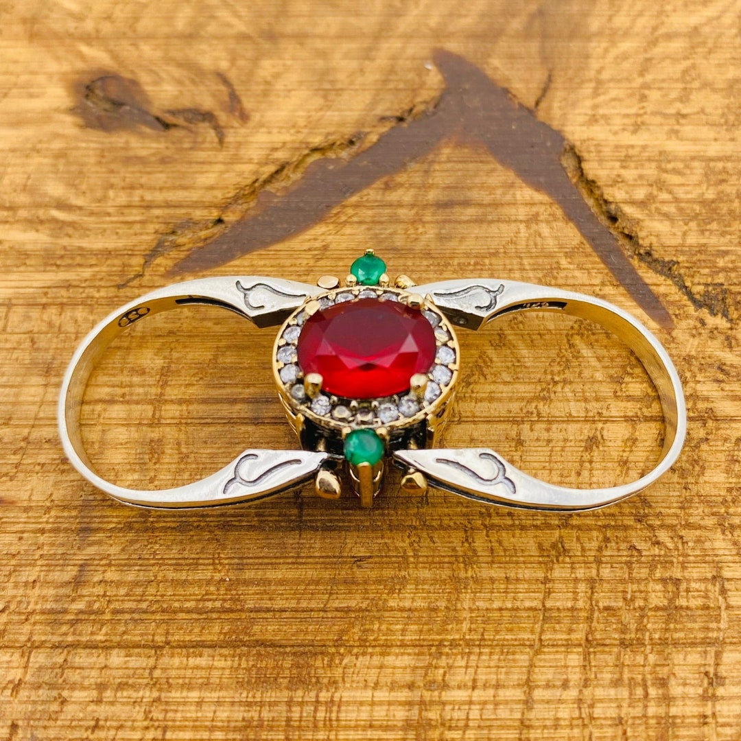 Red Ruby and Green Emerald Oval Stone Silver Ring, Handmade Extraordinary Ring, Two in One ...