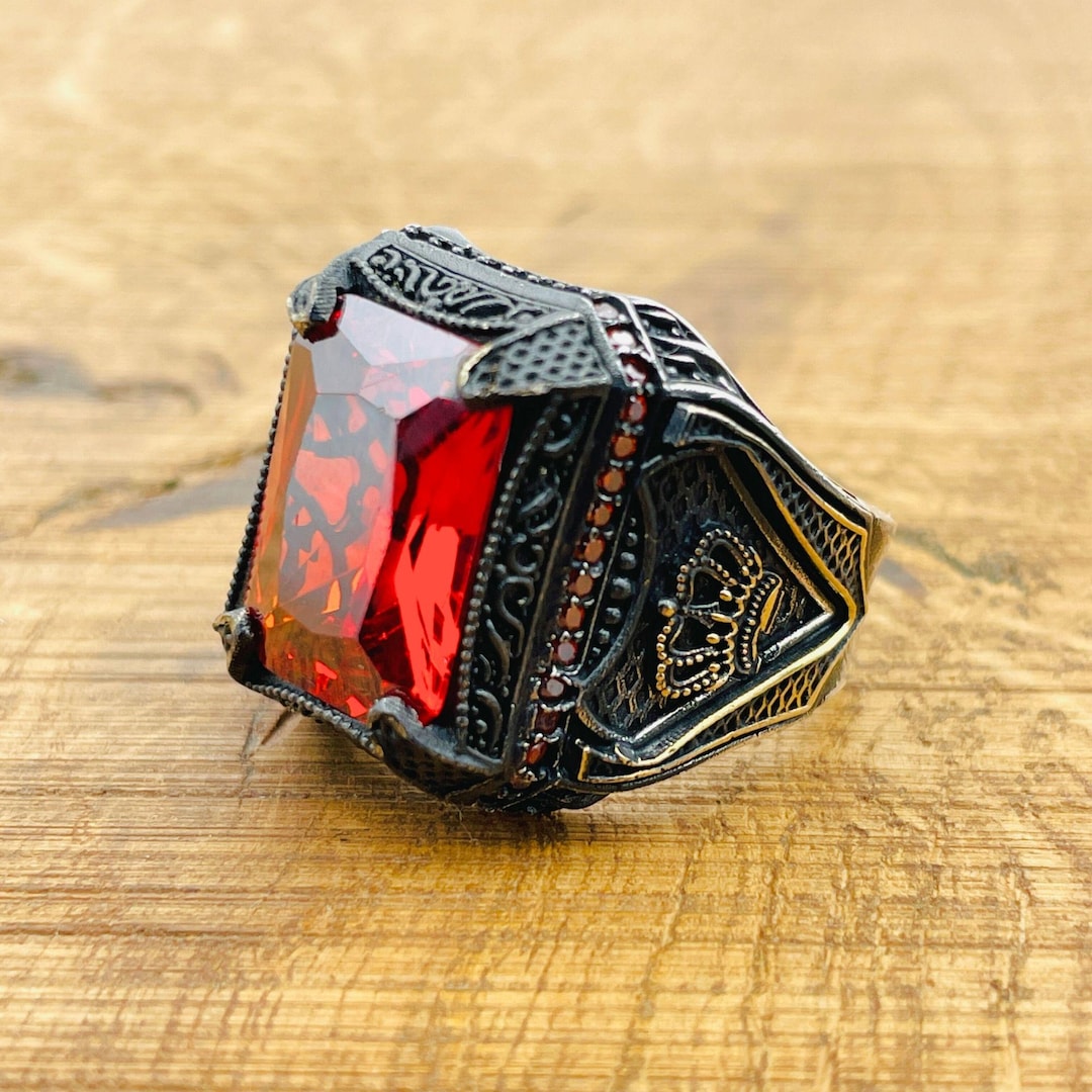 Men Ruby Stone Ring, Red Stone Ring, Crown Design Ring, 925 Sterling Silver, Gift for Him, Gift ...