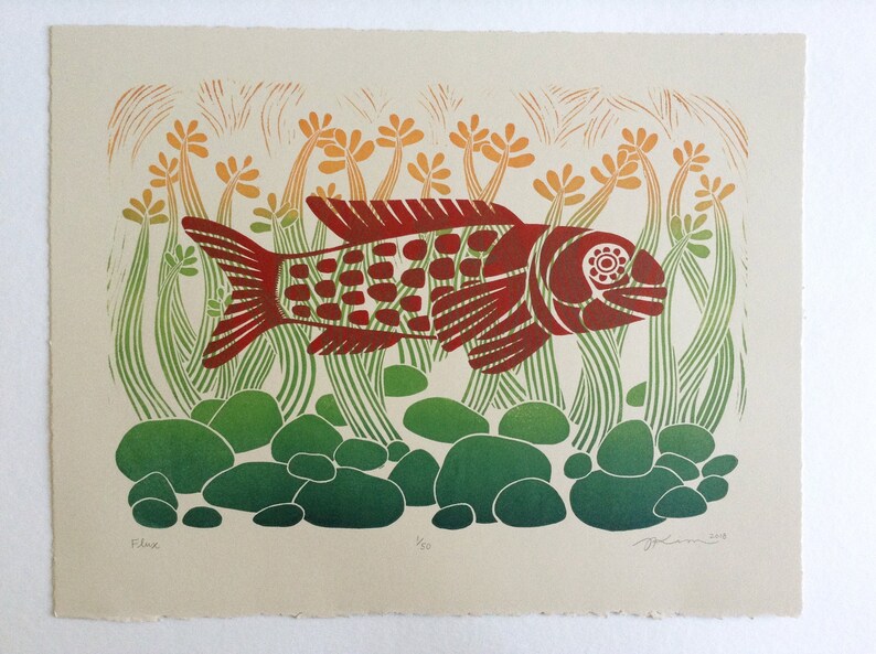 11 X 14 Linocut Print flux // Fish Art / Nature Art / Seaweed / Rocks ...