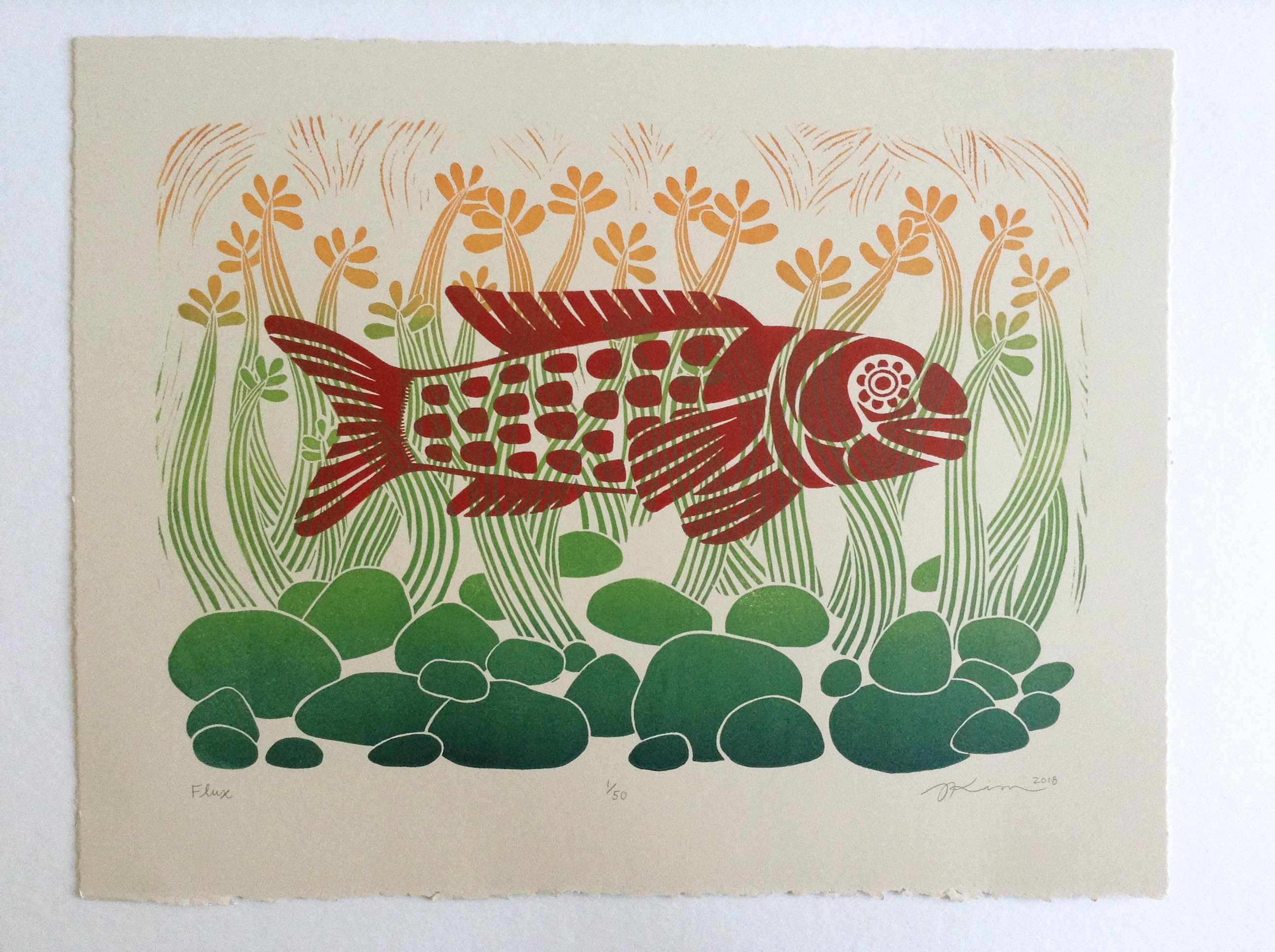 11 X 14 Linocut Print flux // Fish Art / Nature Art / Seaweed / Rocks ...