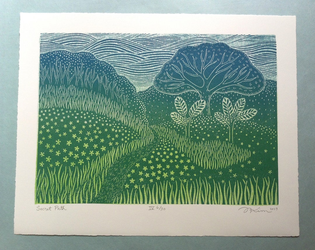11 X 14 Linocut Print "secret Path Iv" // Landscape Art Print / Nature ...