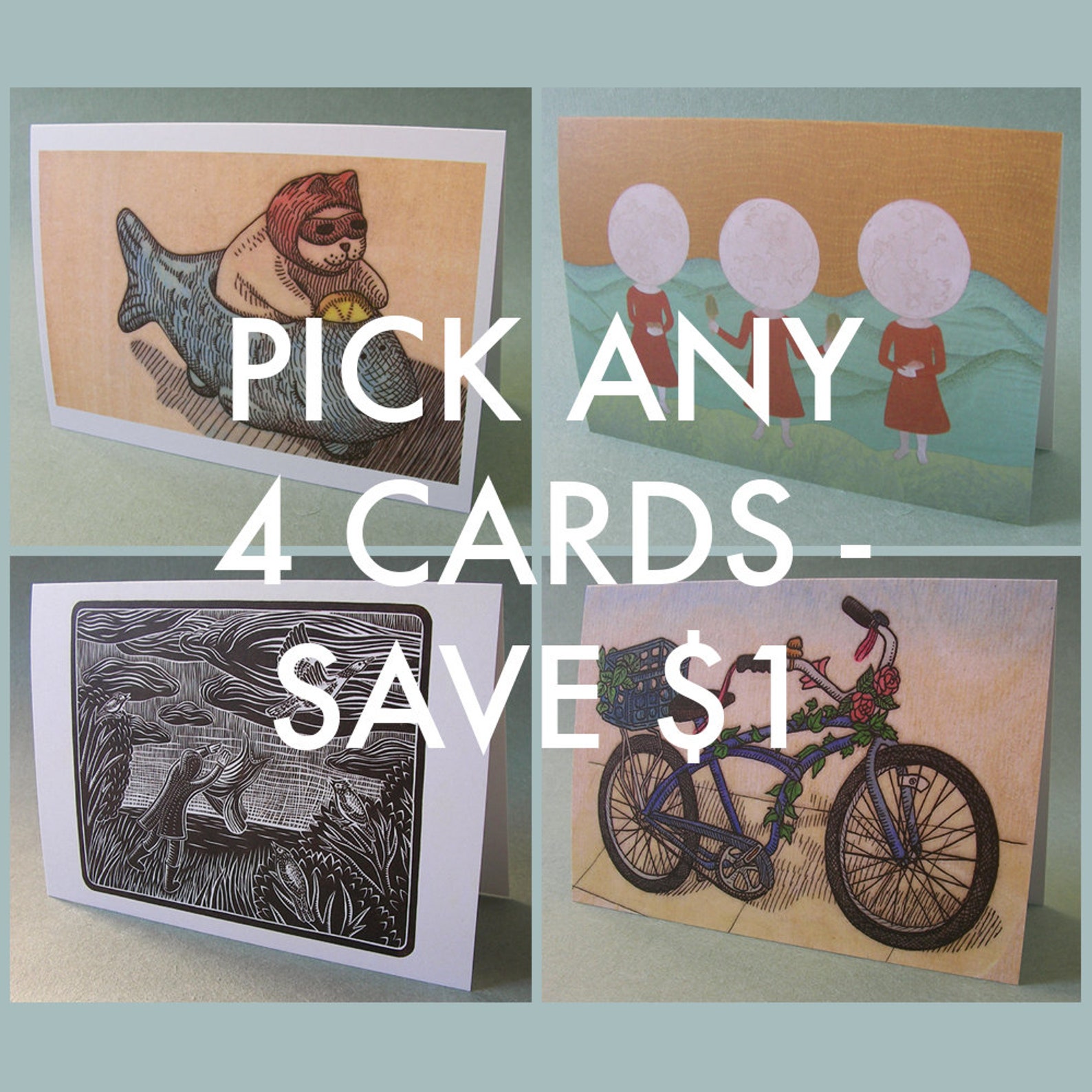 PICK ANY 4 NOTECARDS // 5 X 7 Blank Notecards Illustration | Etsy