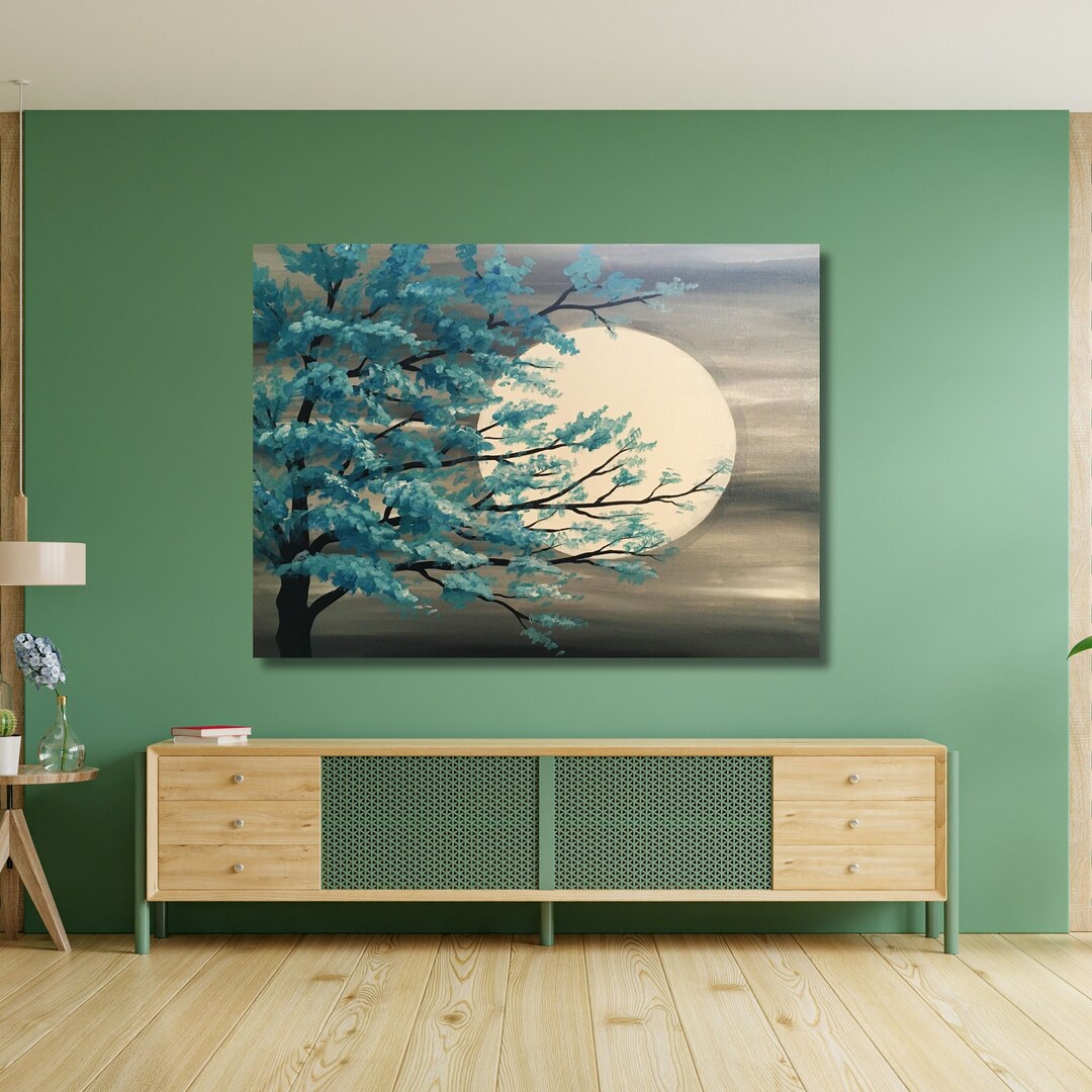 Teal Tree in Moonlight Canvas Wall Art,full Moon Print,tree and Moon ...