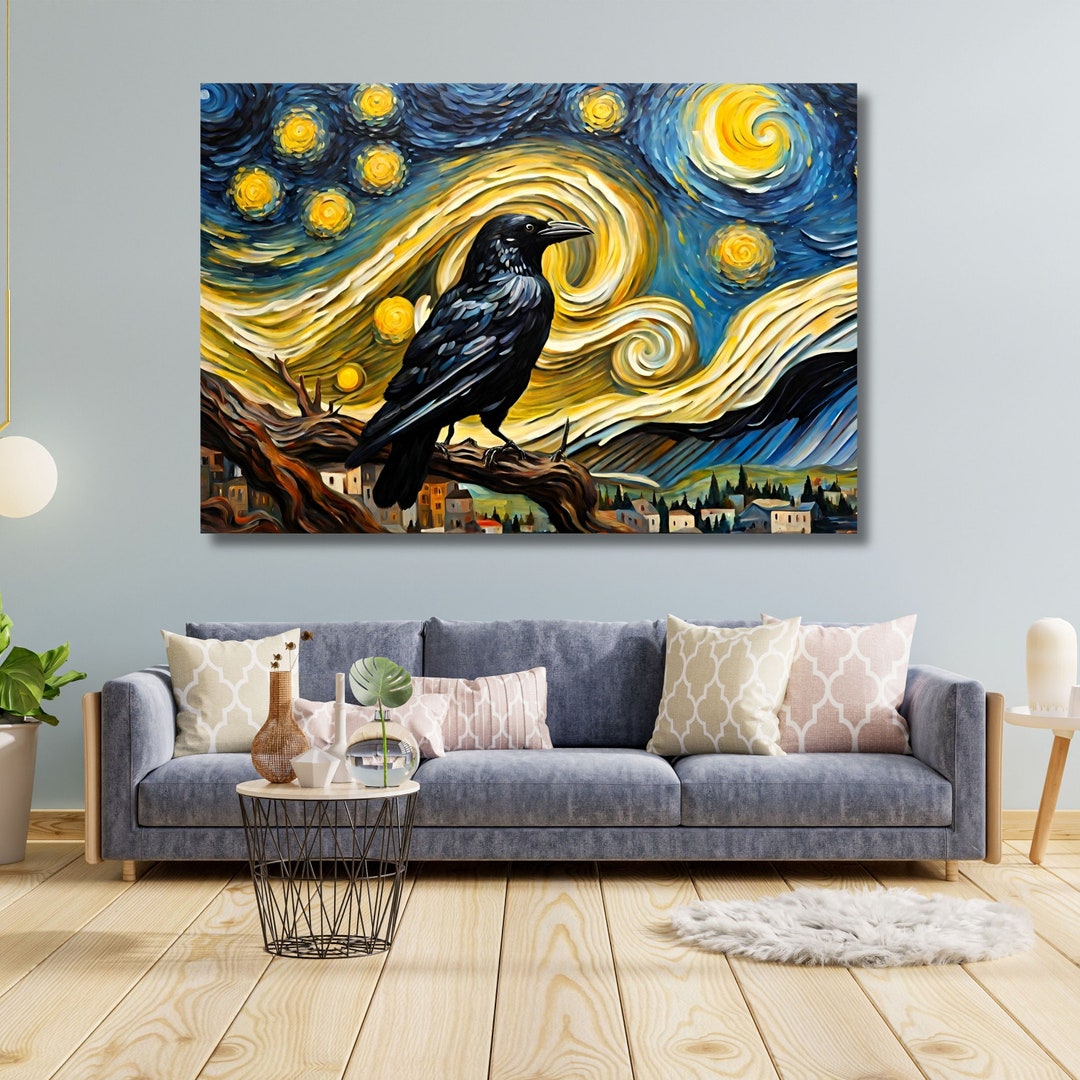 Starry Black Crow Canvas Wall Art,crow Wall Decor,halloween Decor,raven ...
