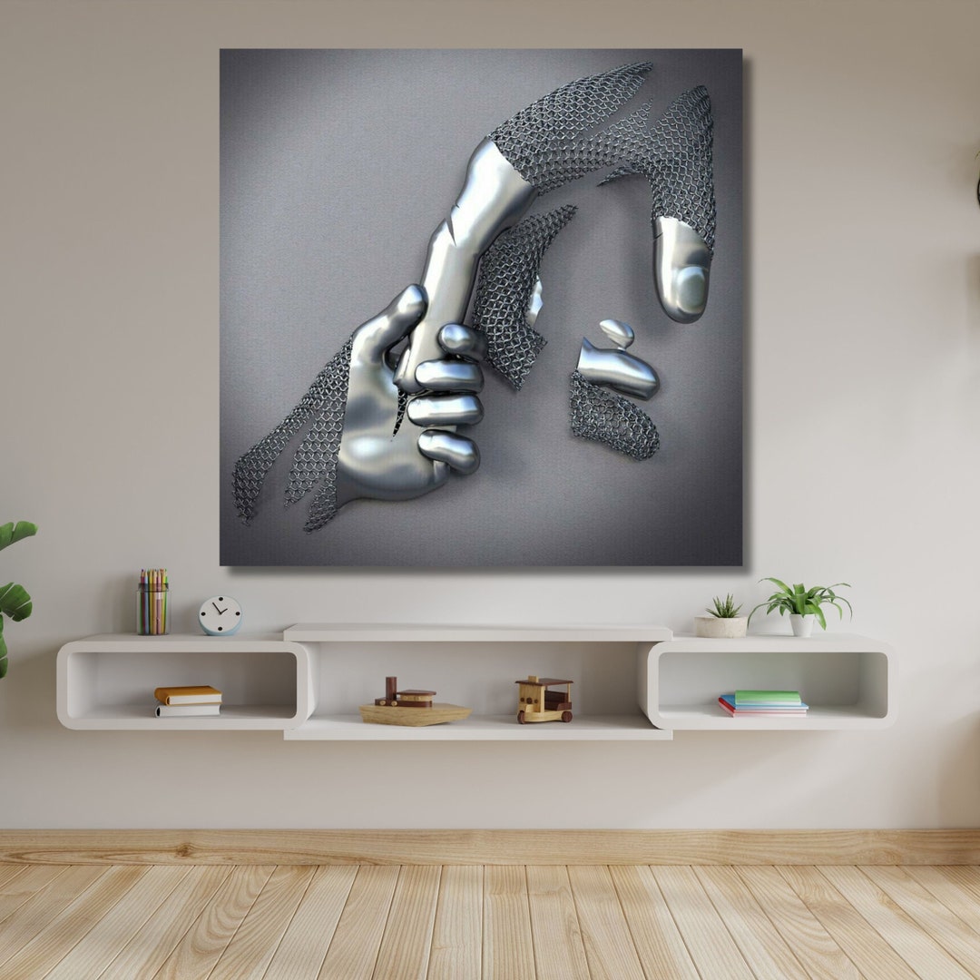 Metallic 3d Hand Canvas,father and Son Painting,3d Effect Home Decor ...