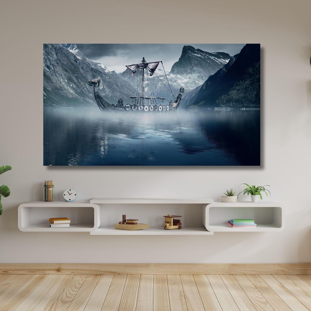 Viking Ship in Misty Fjord With Snow Capped Mountains in Background ...