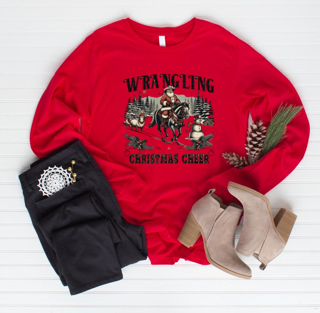 Wrangling Christmas Cheer T-shirt Santa Riding Horse Design, Festive ...