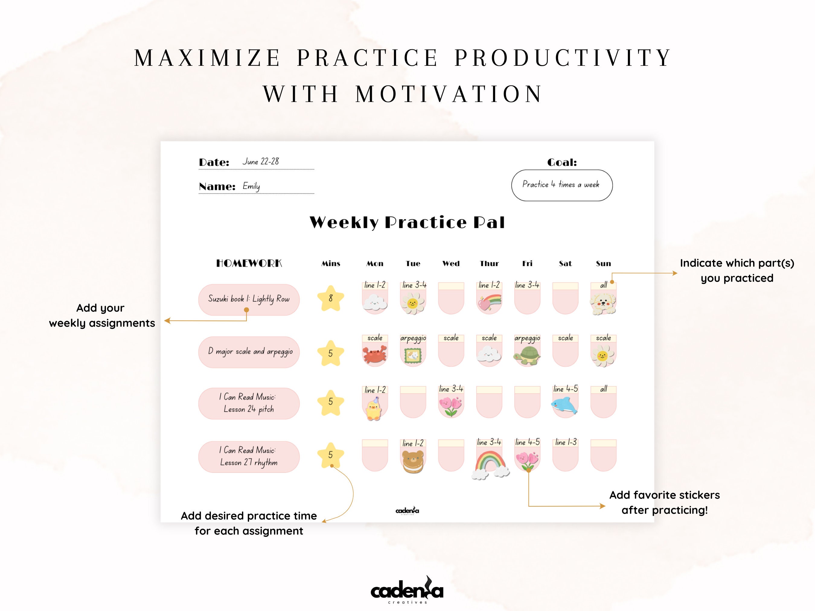 Printable Weekly Practice Chart Reward Sticker Practice Log Music ...