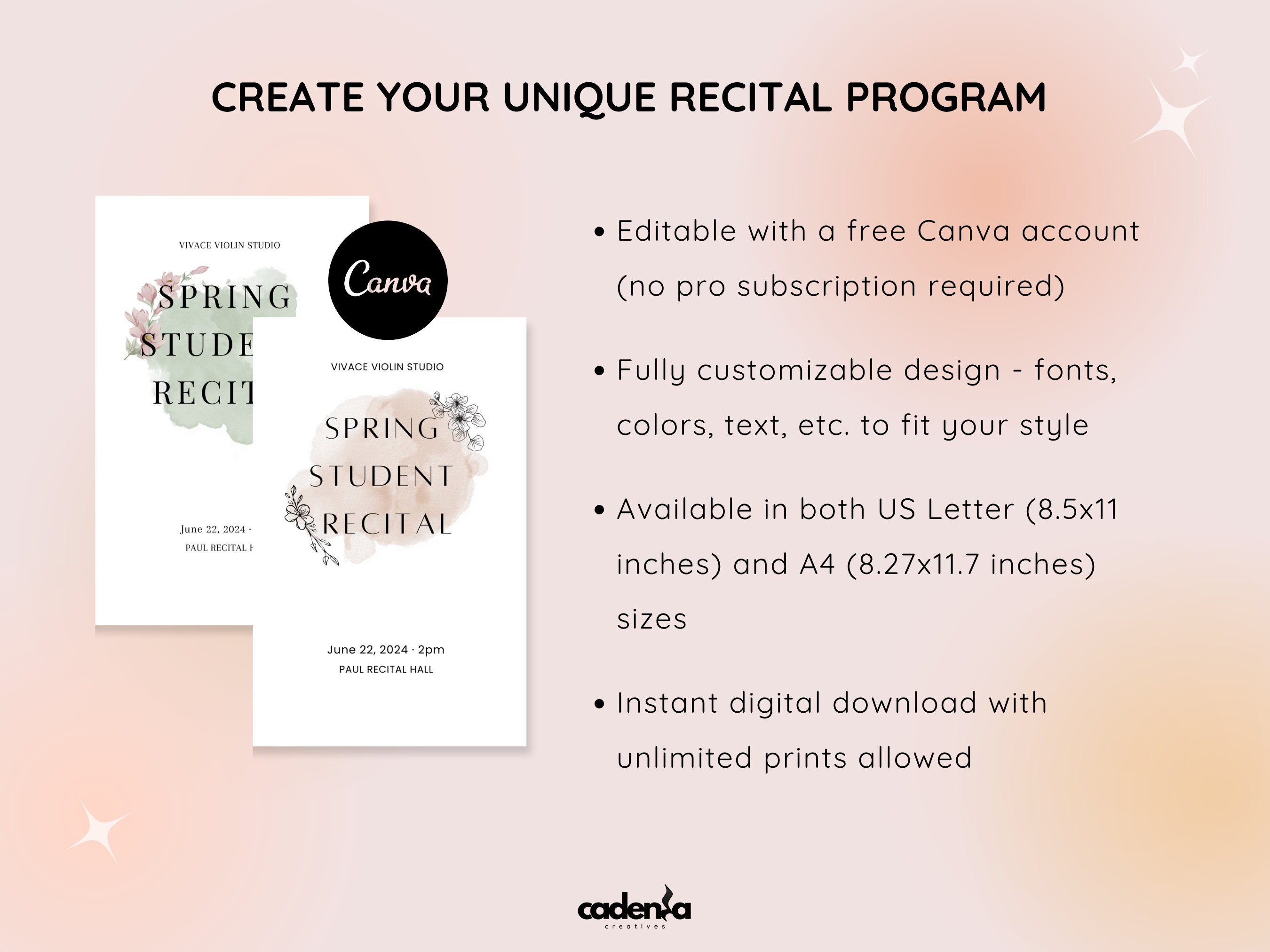Spring Recital Program Template Canva | Editable Templates for Music ...