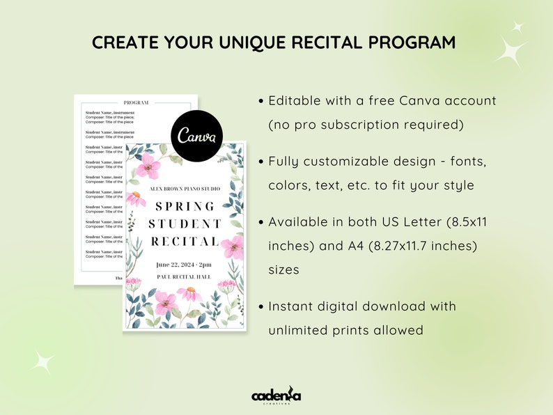 Spring Recital Program Template Canva | Editable Templates for Music ...