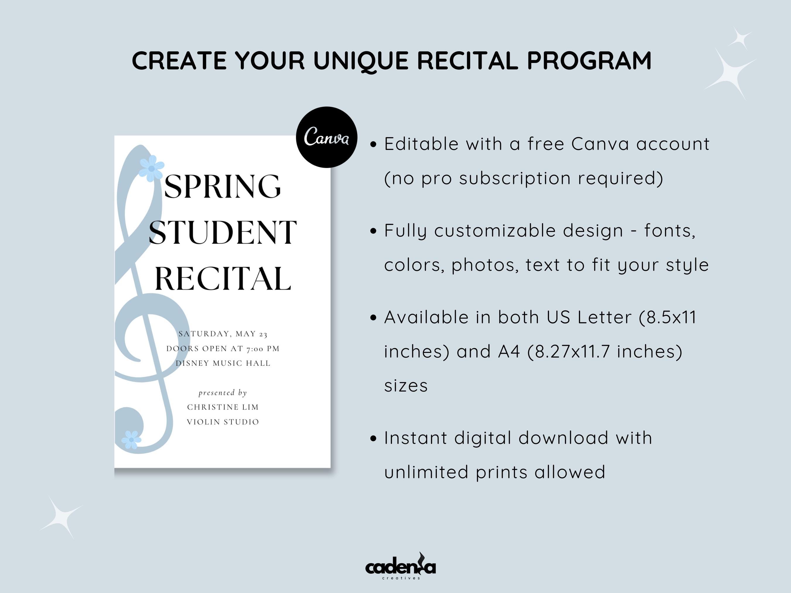 Spring Recital Program Template Canva | Editable Templates for Music ...