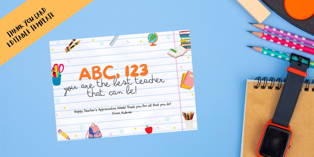 Teacher, Thank You Card Template, Editable, DIY, Teacher's Appreciation ...