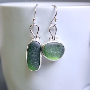 Dark Green Sea Glass Dangly Earrings, Gift for Hard to Buy for Woman ...