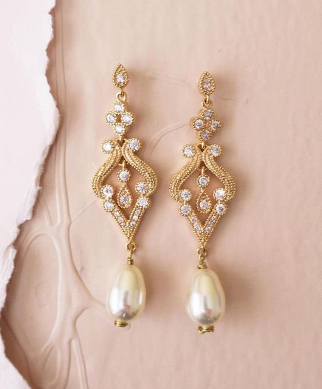 Pearl Drop Dangle Bridal Earrings, Dainty Gold Art Deco Wedding ...