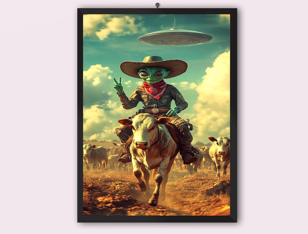 Alien Cowboy Wall Art Retro Vintage Art Print Funny Sci-fi Western ...