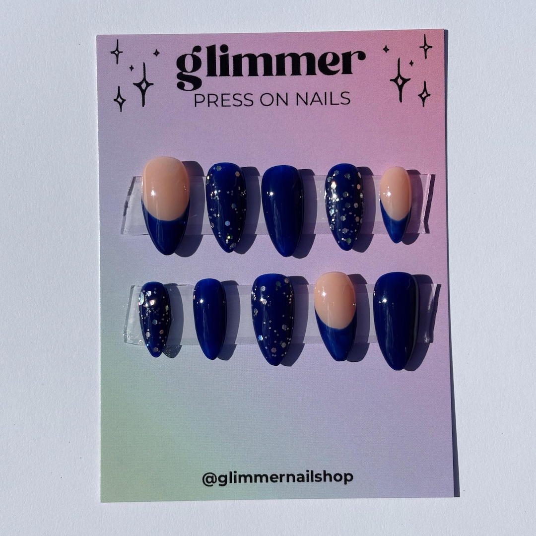 Moonstone Press on Nails – Midnight Blue Sparkle Nails, Winter Glitter ...