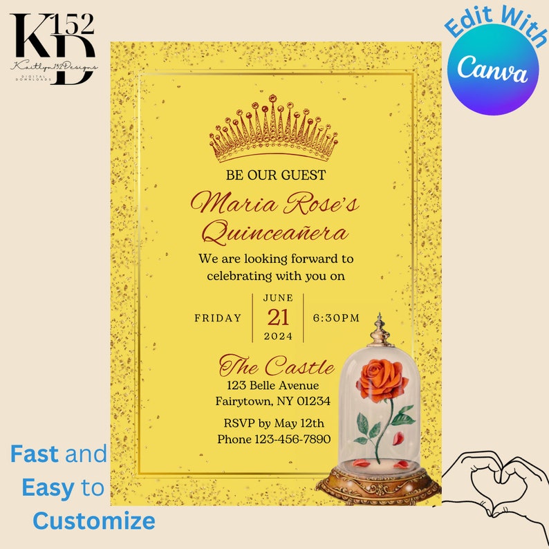 EDITABLE, Belle Theme Birthday Invitation, Digital Download, Princess ...