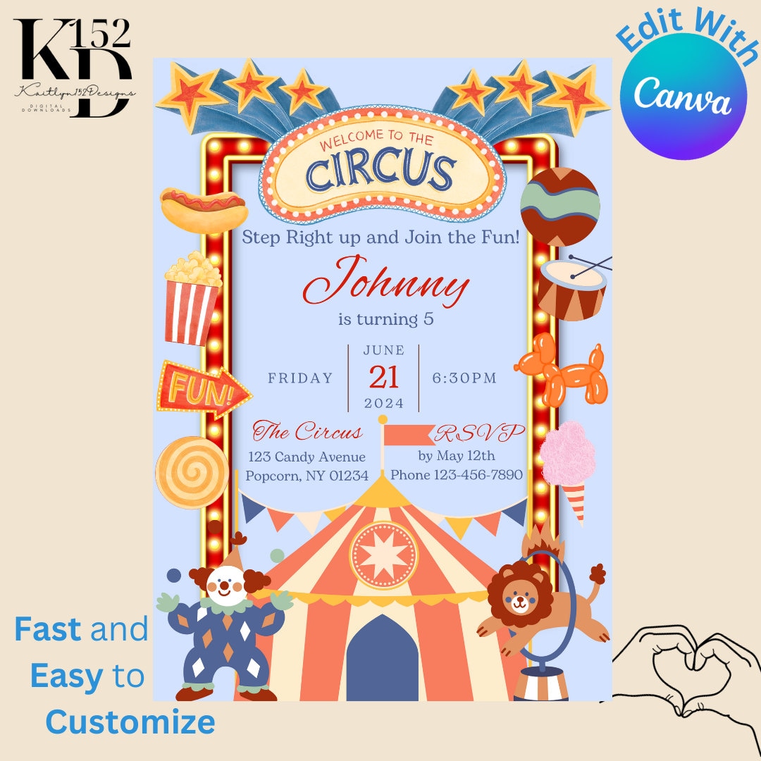 EDITABLE, Circus Theme Birthday Invitation, Digital Download, Canva ...