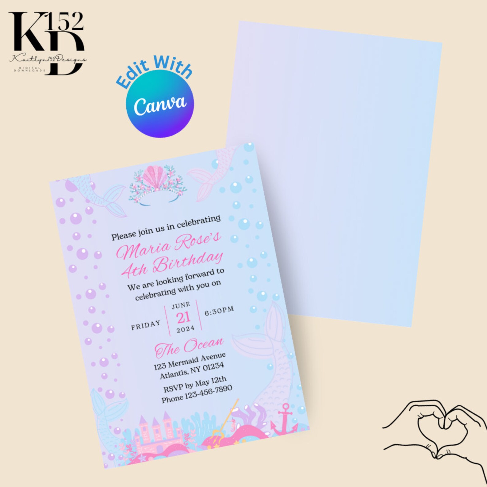 Editable Mermaid Birthday Invitation, Canva Template (digital Download ...