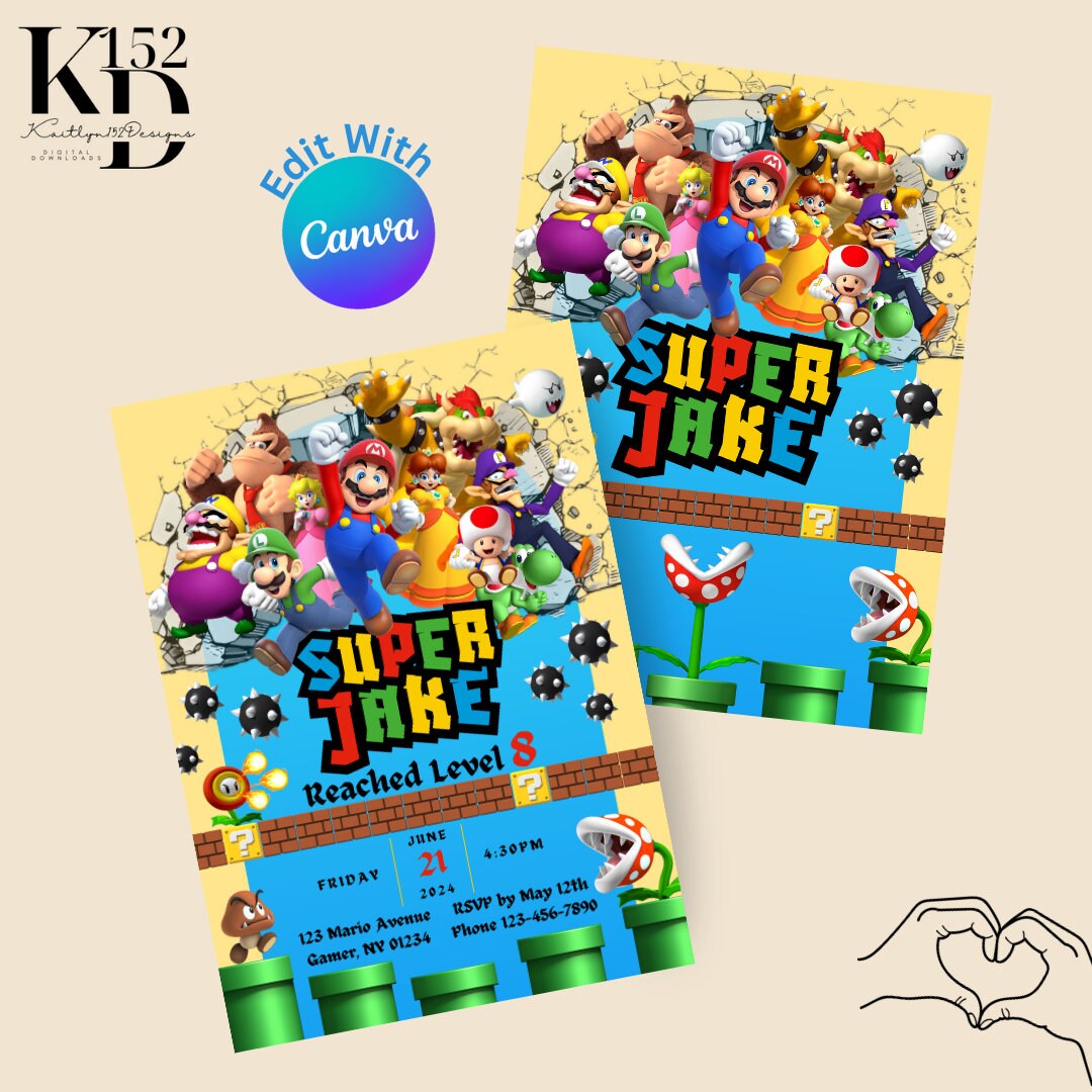 Super Mario Birthday Invitation, Editable Canva Template (digital ...