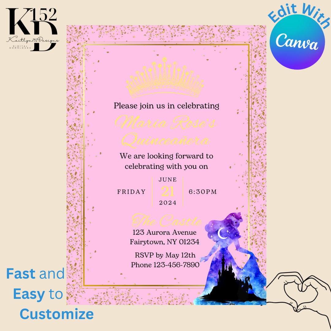 EDITABLE, Aurora Theme Birthday Invitation, Digital Download, Princess ...