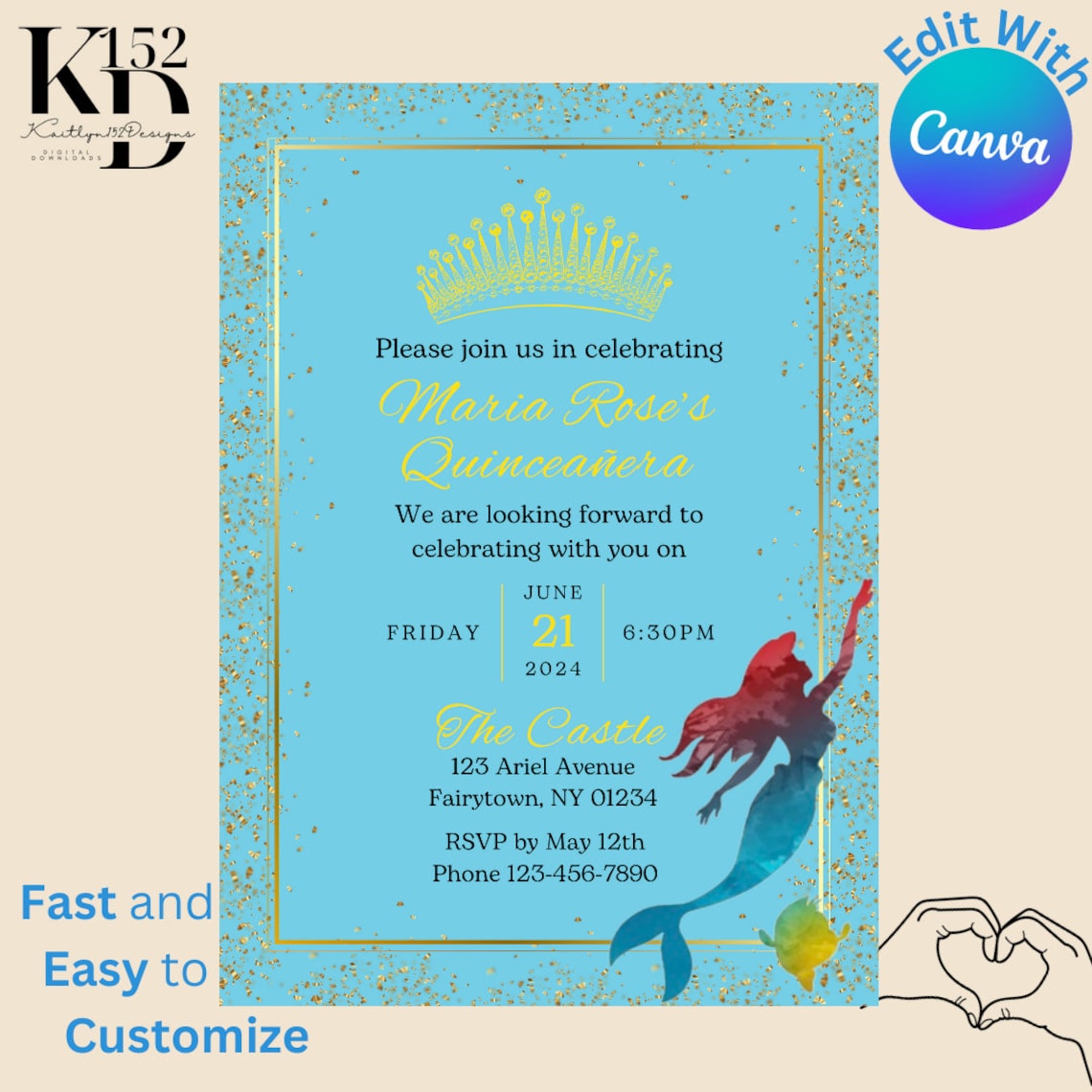 EDITABLE, Ariel Theme Birthday Invitation, Digital Download, Princess ...