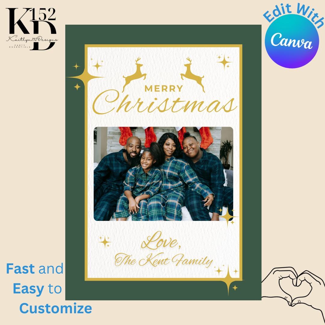 EDITABLE, Family Christmas Card, Photo Card, Gold Reindeer, Digital ...