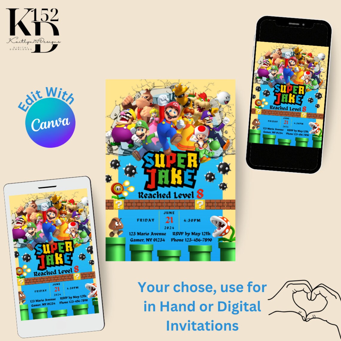 Super Mario Birthday Invitation, Editable Canva Template (digital ...