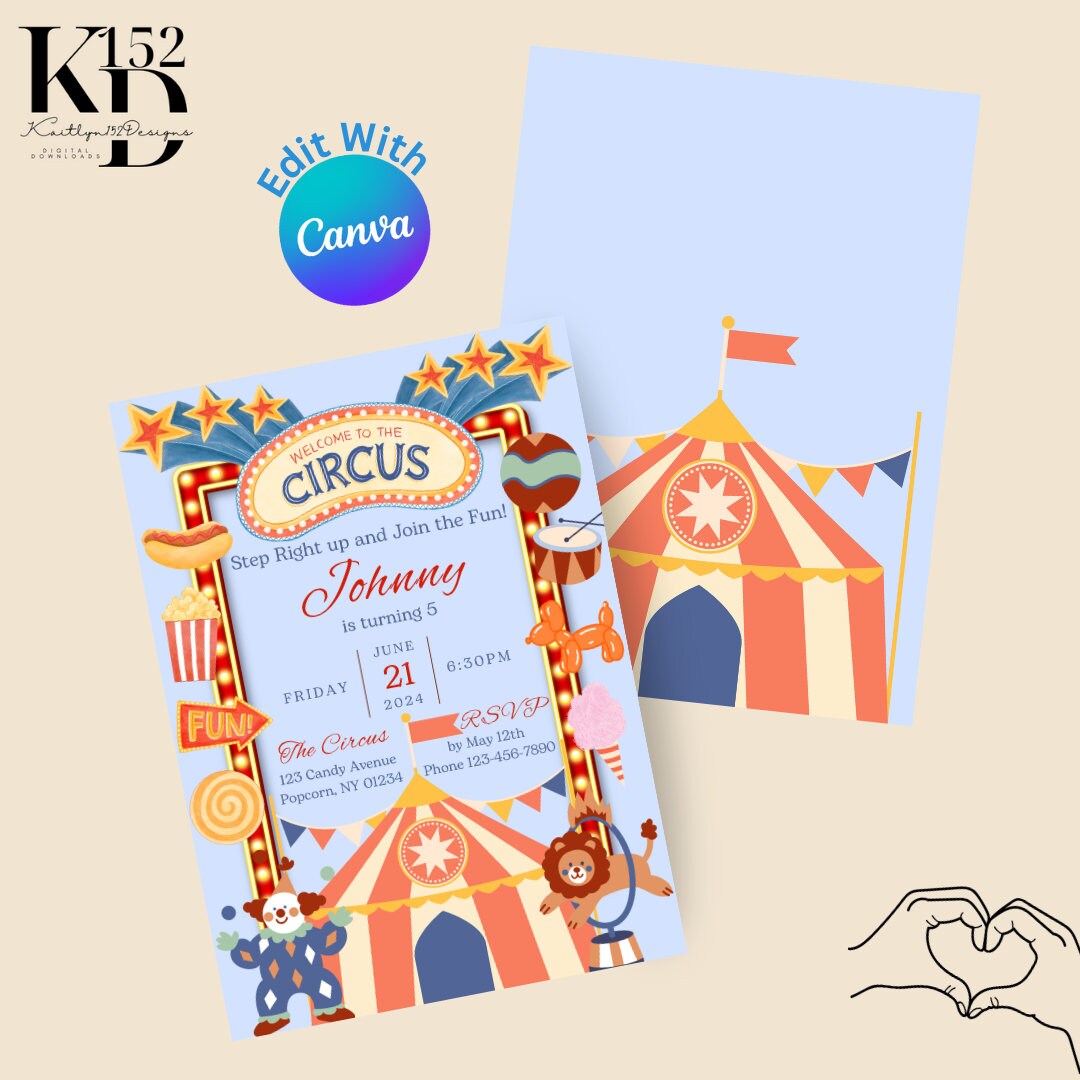 EDITABLE, Circus Theme Birthday Invitation, Digital Download, Canva ...